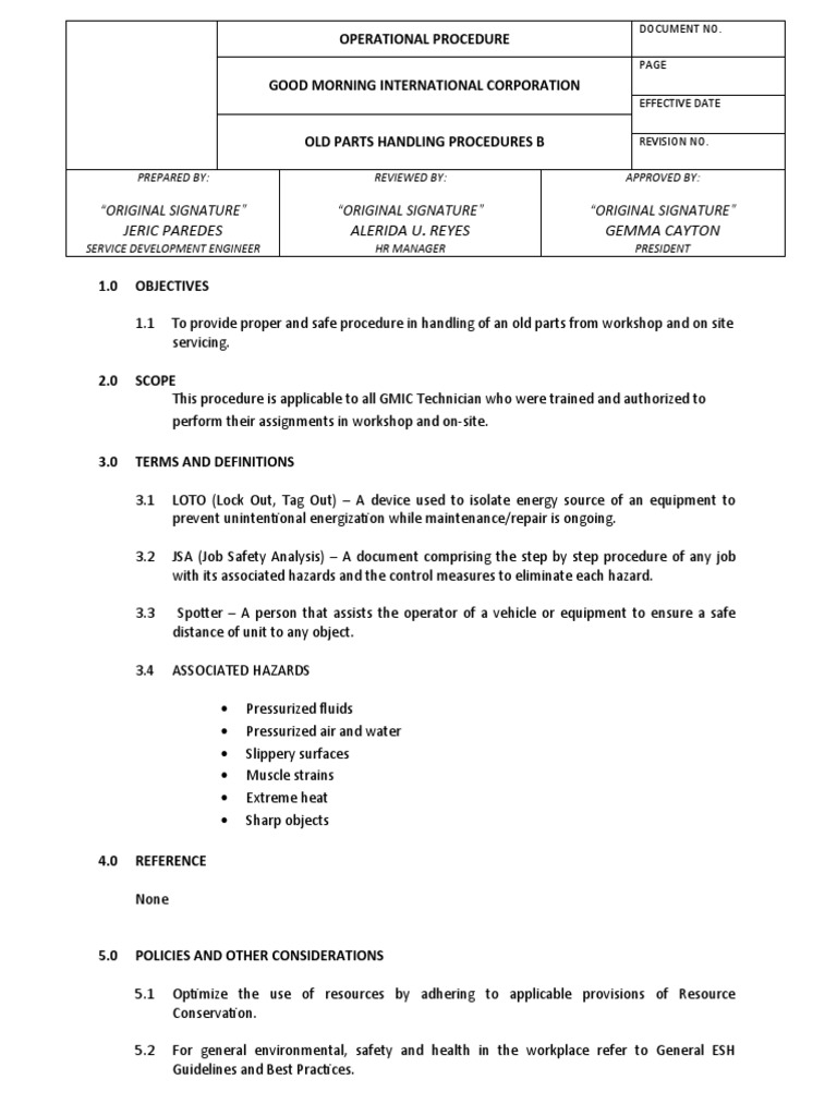 Old Parts Handling Procedure-A | PDF | Safety