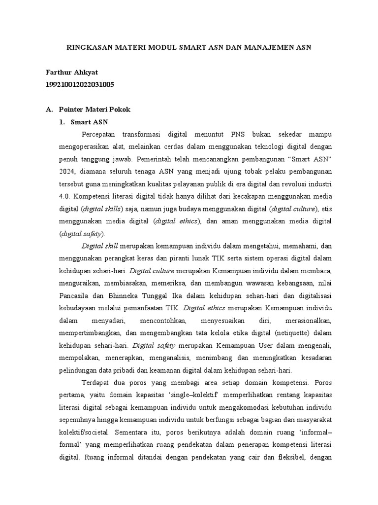Ringkasan Materi Modul Smart Asn Dan Manajemen Asn | PDF