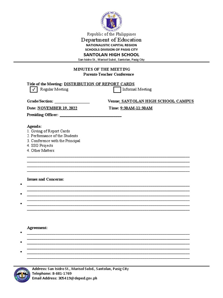 Santolan High School Parent-Teacher Meeting Minutes | PDF