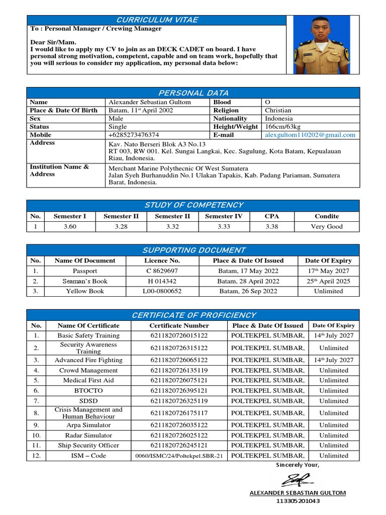 CV Deck Cadet Alexander | PDF