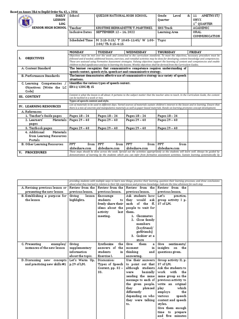 3 Shs Daily Lesson Log DLL Template Oral Communication | PDF | Learning ...