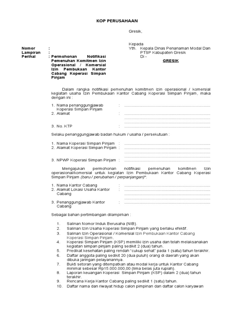 FORM SURAT PERMOHONAN NOTIFIKASI (KSP) IZIN PEMBUKAAN KANTOR CABANG ...