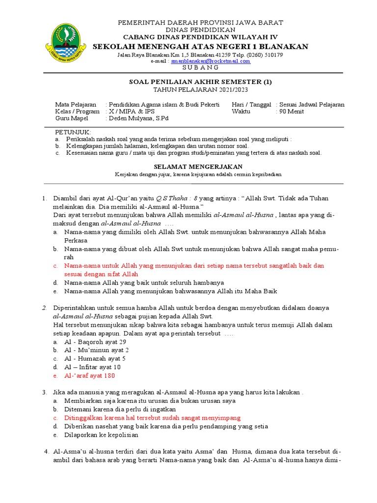Naskah Soal Pts Pai Sem. 1 TP 2022-2023 - Kelas 10 | PDF