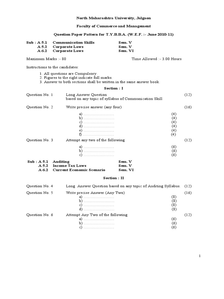 Question Paper Pattern For T.Y.B.B.A. 2010-11 | PDF