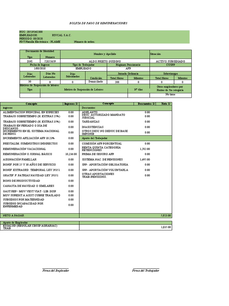 Boleta de Pago de Remuneraciones | PDF