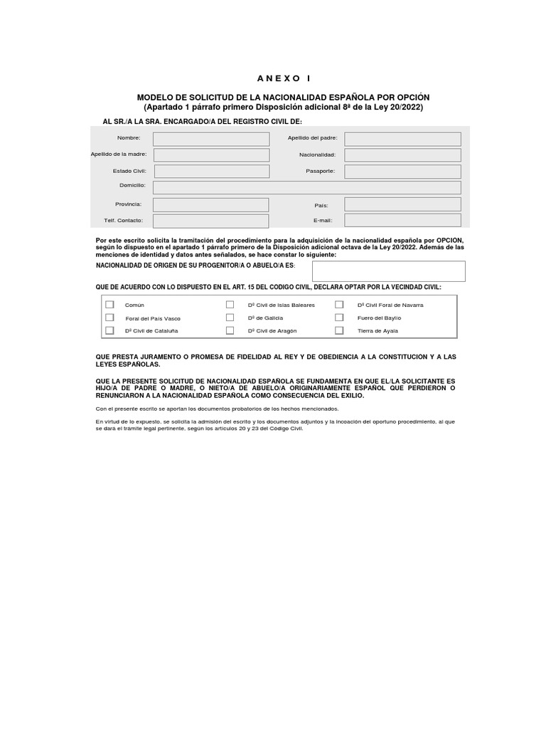 Modelo de Solicitud de La Nacionalidad Española Por Opción (Apartado 1 ...