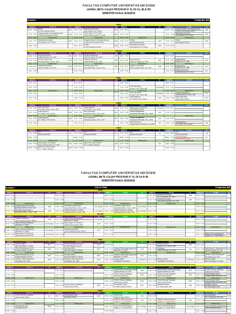 Jadwal FKOM Semester Ganjil 2022-2023 Reguler V.1 | PDF