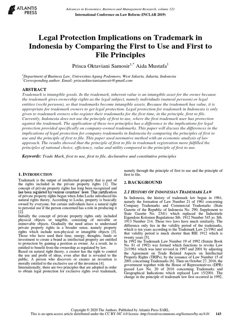 Legal Protection Implications On Trademark in Indonesia by Comparing ...