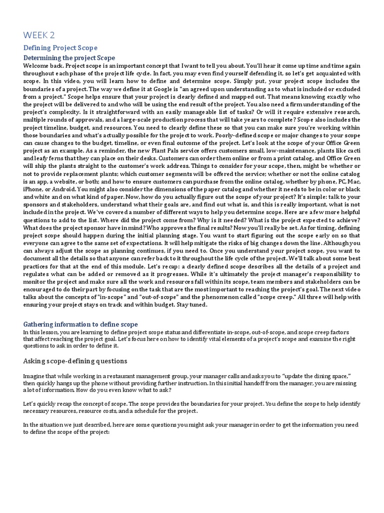 Project Initiation - Week 2 and Week 3 | PDF