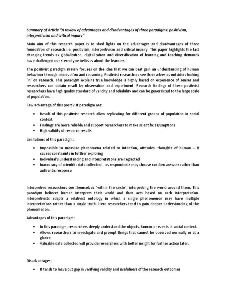 Positivism, Interpretivism, Critical Inquiry Review | PDF | Positivism ...