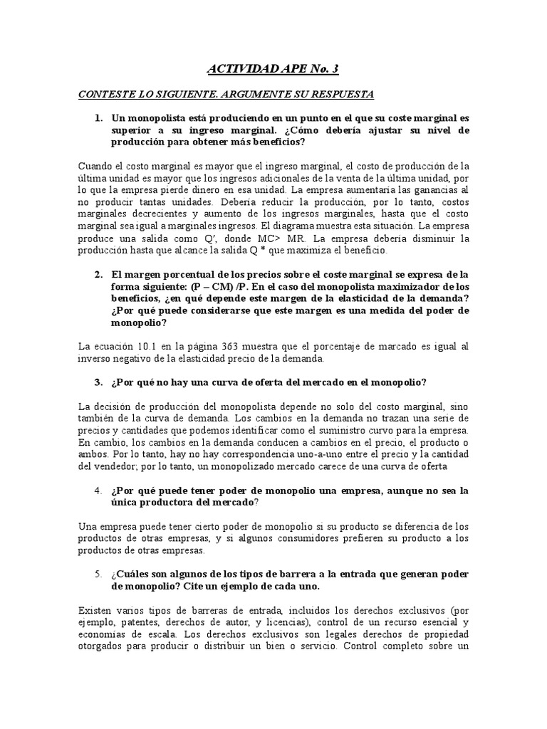ACTIVIDAD APE No 3 MICRO II | PDF | Monopolio | Mercado (economía)