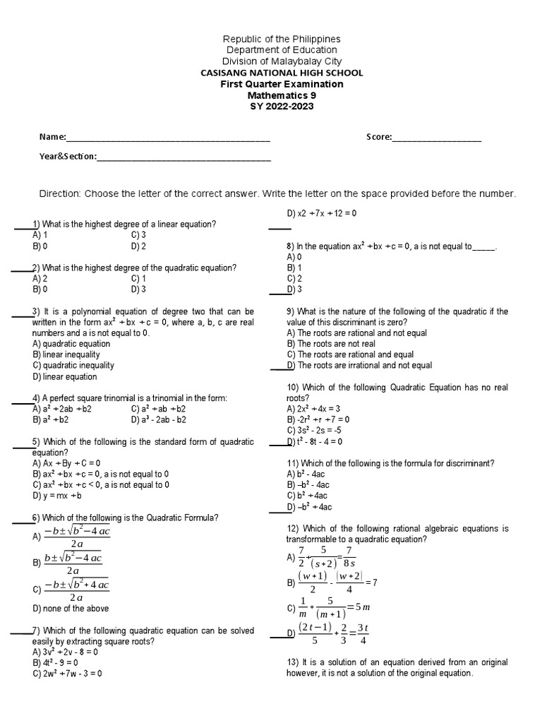 Mathematics 9 First Quarter Examination | PDF | Equations | Quadratic ...