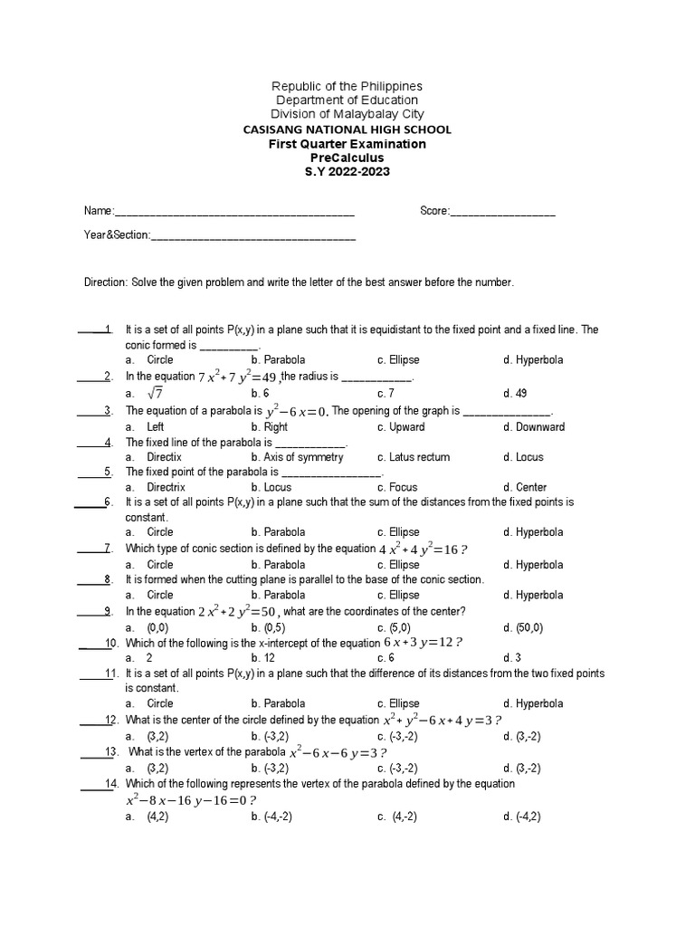 Precal Midterm | PDF | Ellipse | Euclidean Plane Geometry