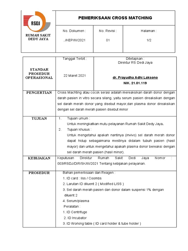 Prosedur Pemeriksaan Cross Matching | PDF