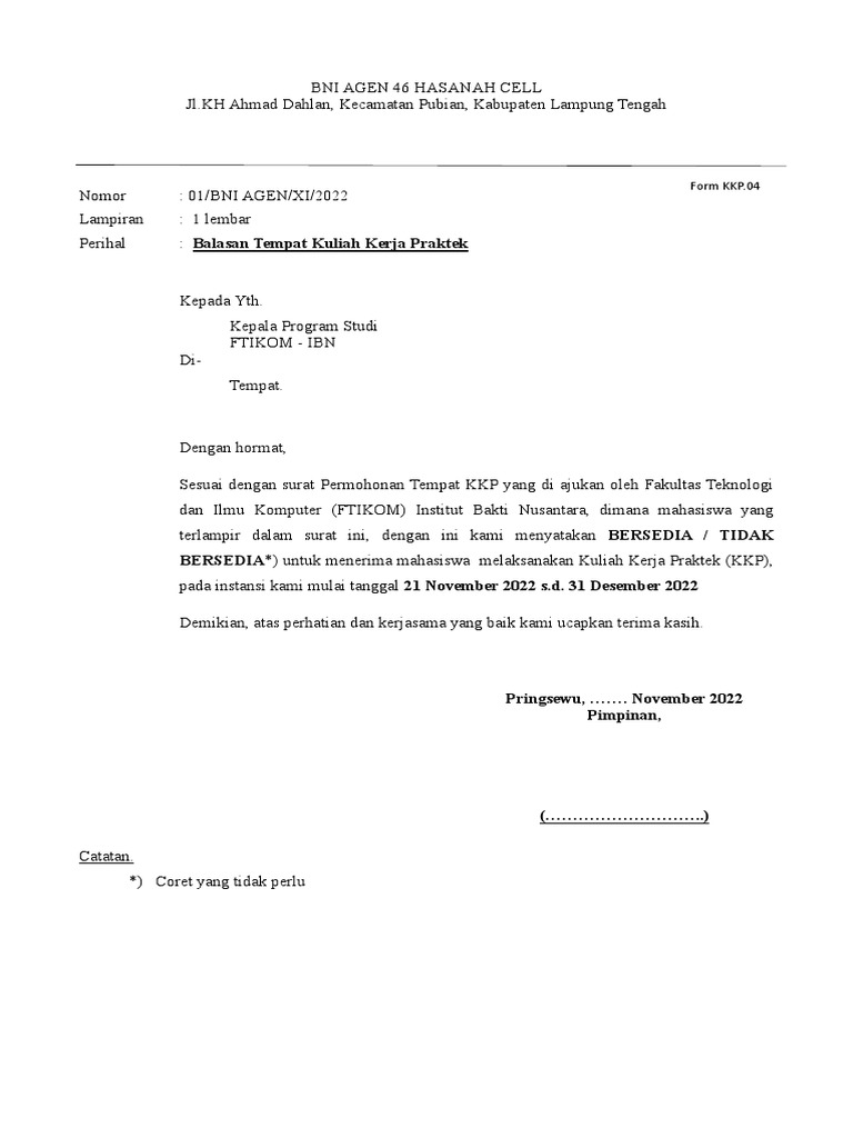 2.1 Form Balasan Tempat KKP | PDF