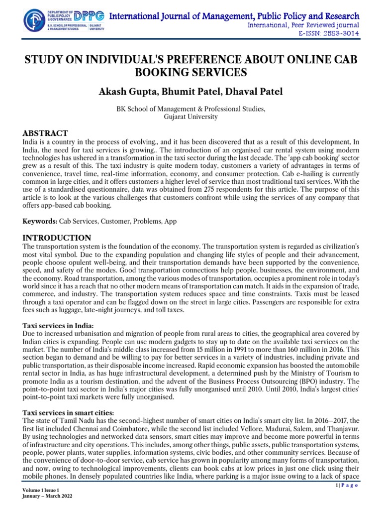 (1-14) Study On Individual's Preference About Online Cab Booking Services | Download Free PDF ...