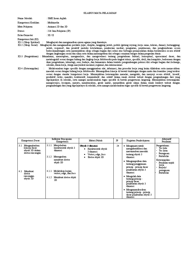 Silabus Semester 2 Animasi 3D | PDF