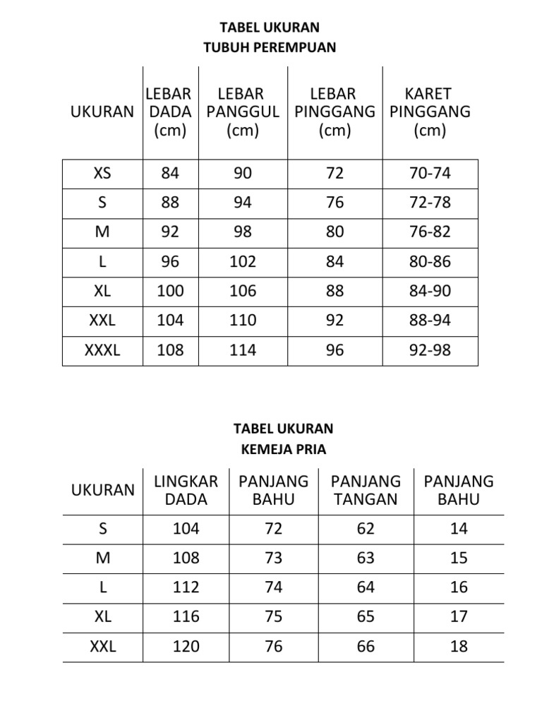 Tabel Ukuran Baju | PDF