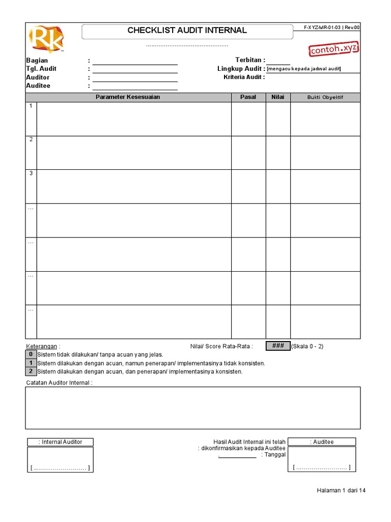 F-XYZ-MR-01-03. (Form) Checklist Audit Mutu Internal (Contoh - Xyz) | PDF