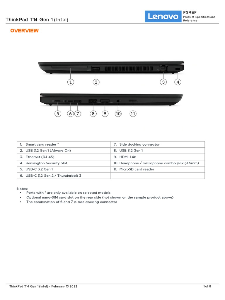 3.ThinkPad T14 Gen 1 Intel Spec | PDF | Usb | Solid State Drive