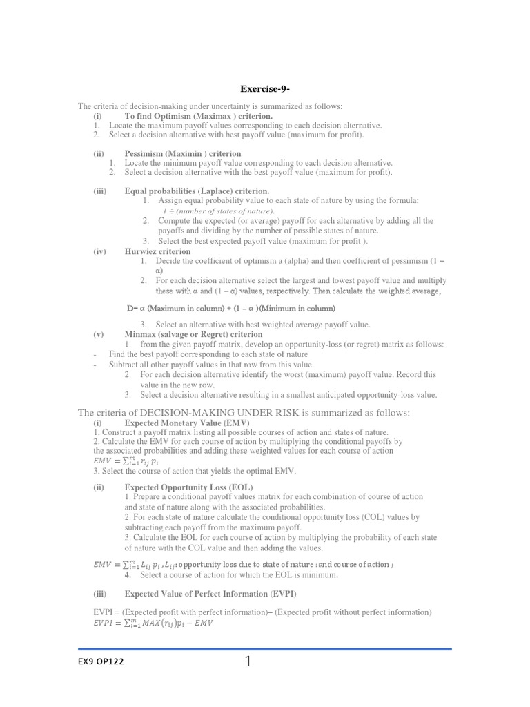 Exercises 9 - Decision Making 1 | PDF