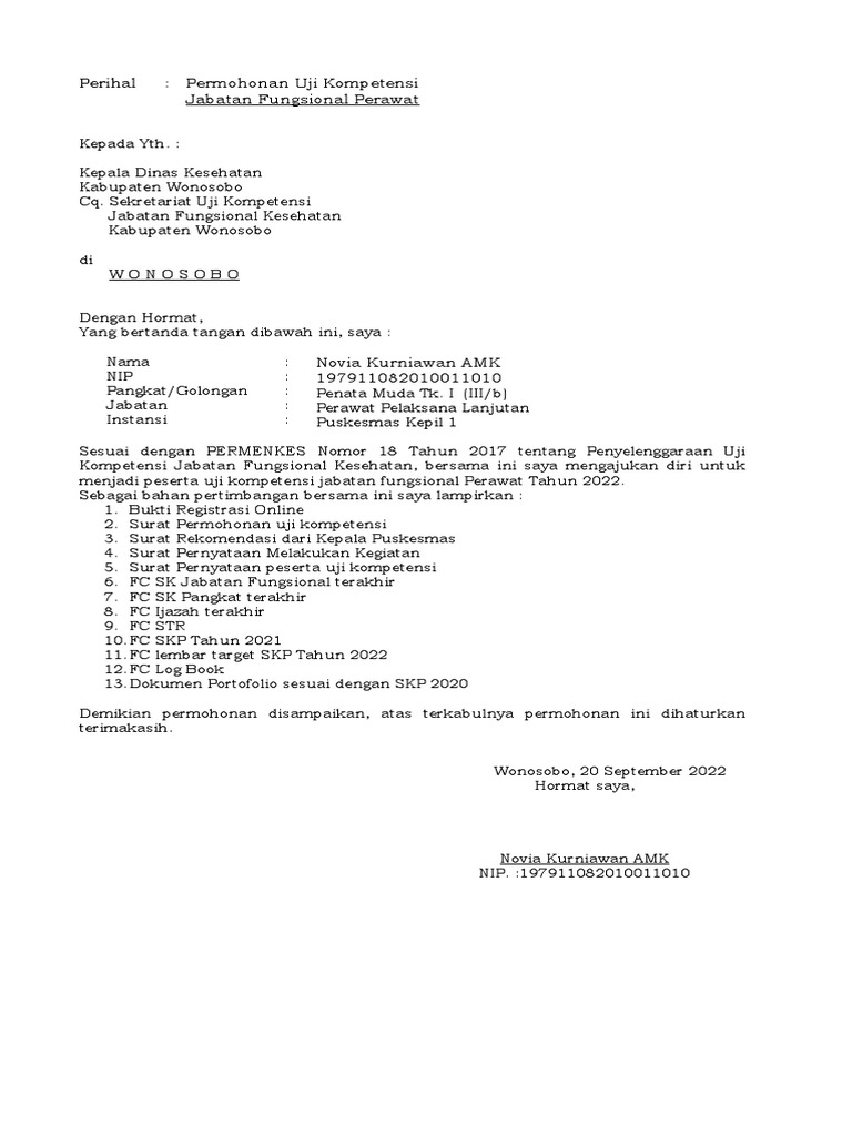 Contoh Surat Permohonan Mengikuti Uji Kompetensi | PDF