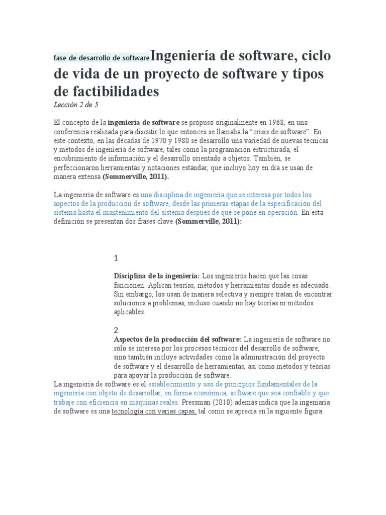 Ingeniería de Software, Ciclo de Vida de Un Proyecto de Software y Tipos de Factibilidades | PDF ...