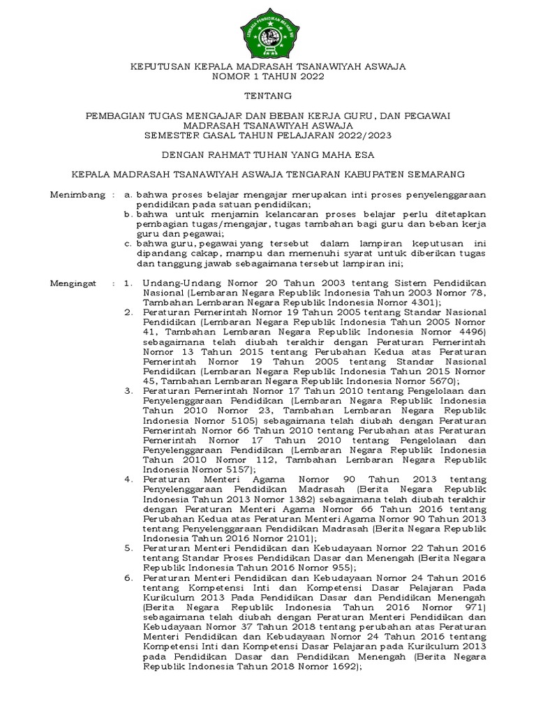 0 SK Pembagian Tugas Mengajar MTs S Aswaja 2022 - 2023 | PDF