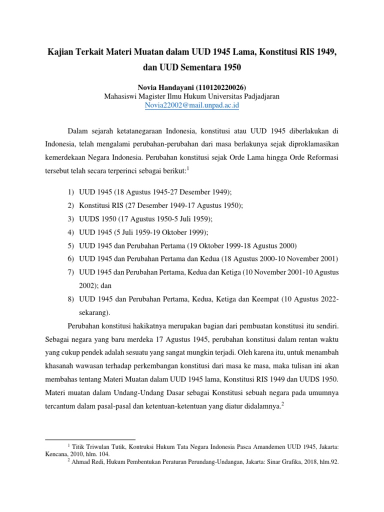 Tugas Novia Handayani-110120220026 (Materi Muatan UUD 1945 Lama, Konstitusi RIS Dan UUDS 1950) | PDF