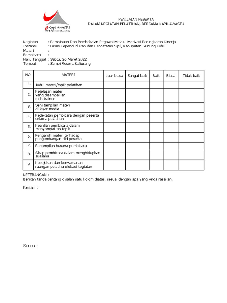 Contoh Form Penilaian Peserta | PDF