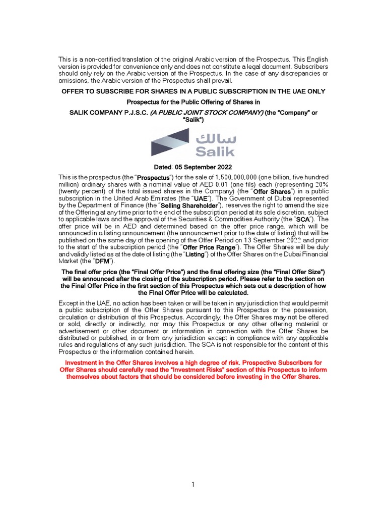 Salik Company IPO Prospectus Summary | PDF | Financial Statement | Pro ...