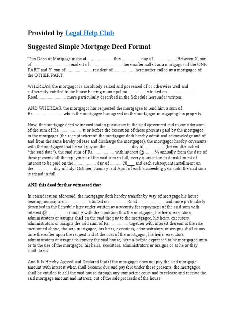 Simple Mortgage Deed Format by Legal Help Club | PDF