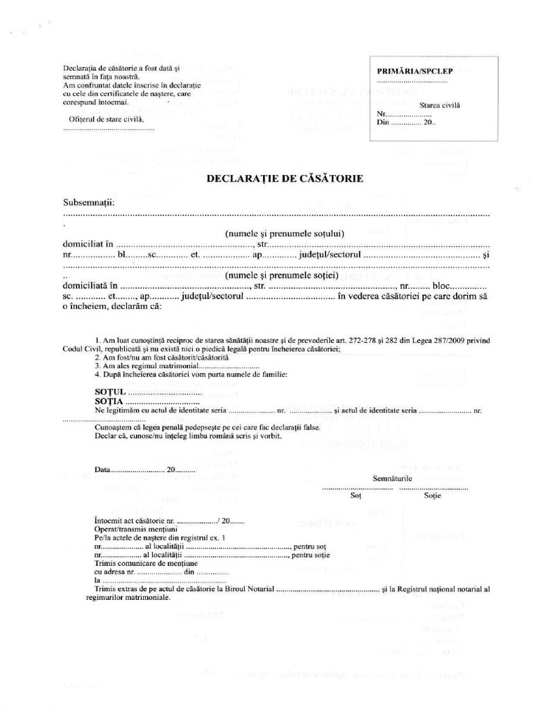 Cerere Tip Declaratie Casatorie | PDF