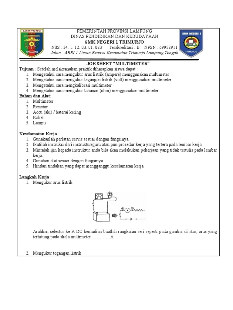Job Sheet Multimeter | PDF | Teknologi & Rekayasa