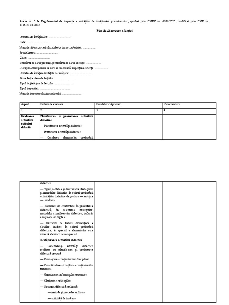 Anexa NR 5 La Regulamentul de Inspecție A Unităților de Învățământ Preuniversitar, Aprobat Prin ...