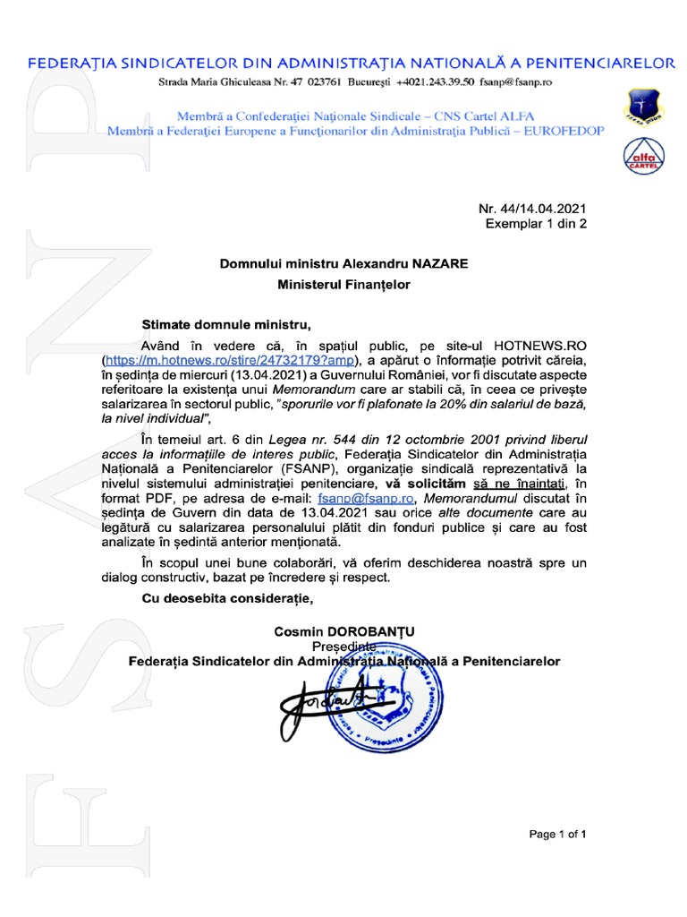 Adresa FSANP - Solicitare MF - Memorandum Salarizare | PDF