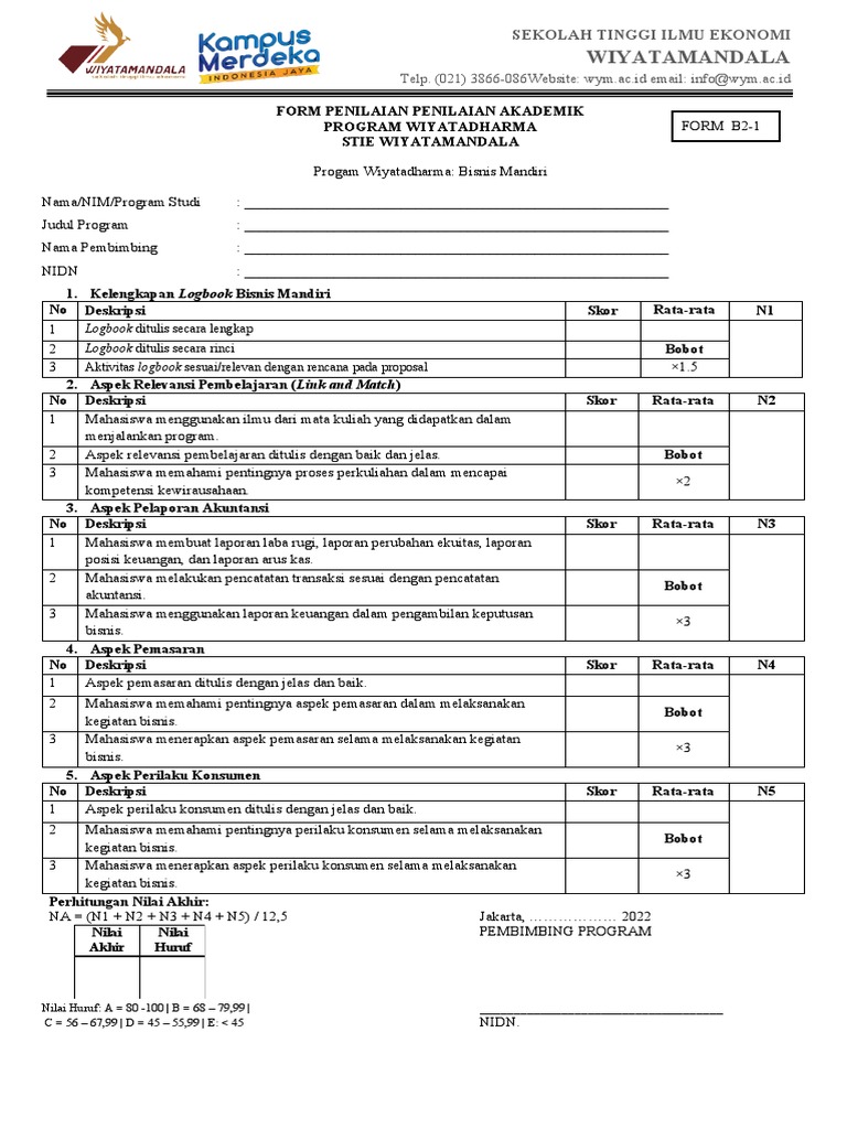 (Pembimbing) Form Penilaian Wiyatadharma - Pak Andres | PDF