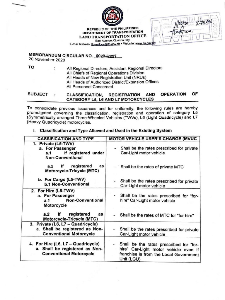LTO MC-2020-2227 For Non-Conventional Vehicles | PDF