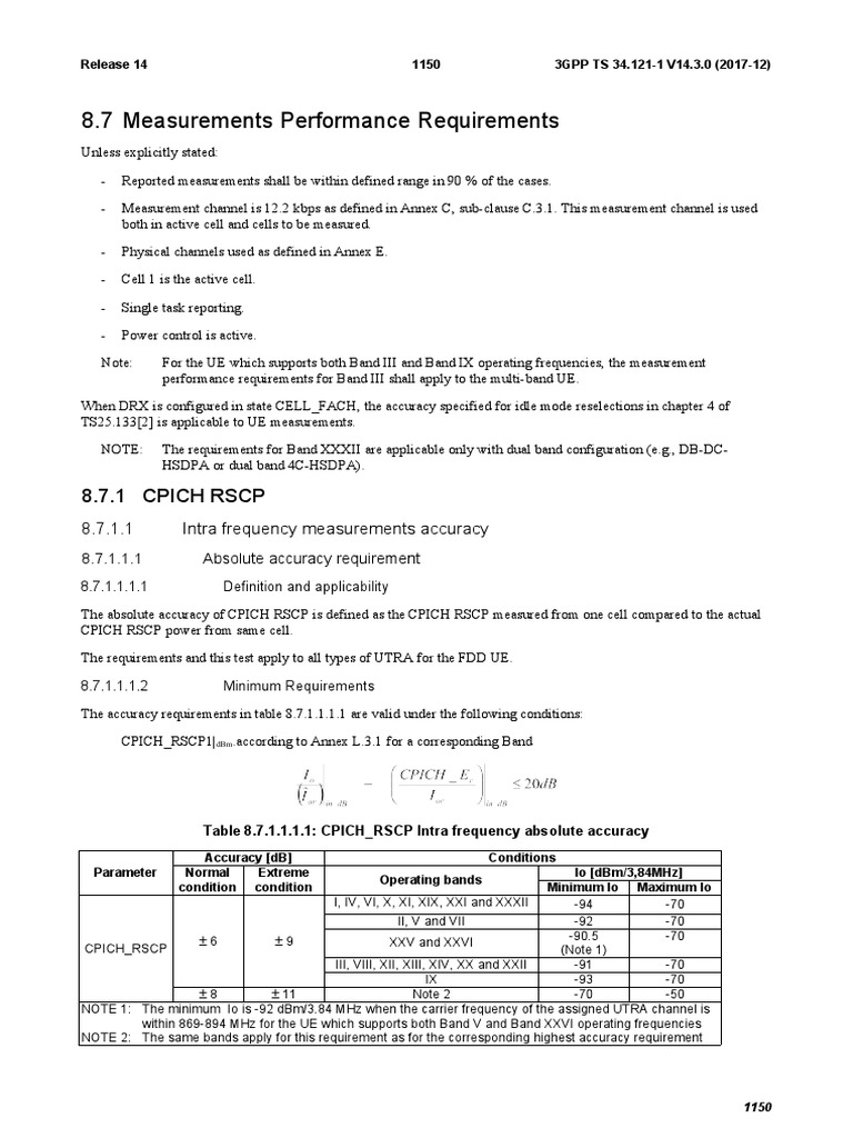 8.7 Measurements Performance Requirements: 8.7.1 Cpich RSCP | PDF ...