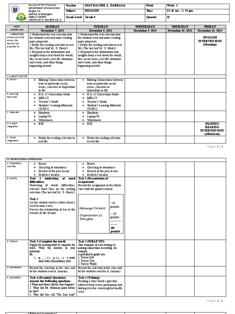 Making Connections Between Texts (DLL) | PDF | Curriculum | Rubric ...