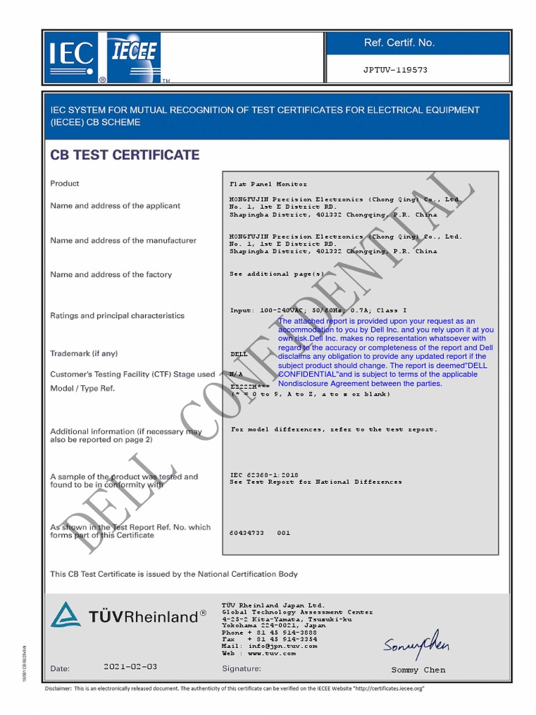 CB Certificate Dell Monitor E2222H | PDF