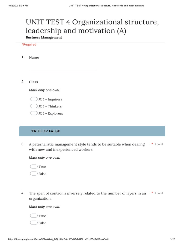 Unit Test on Leadership and Motivation | PDF | Leadership | Motivational