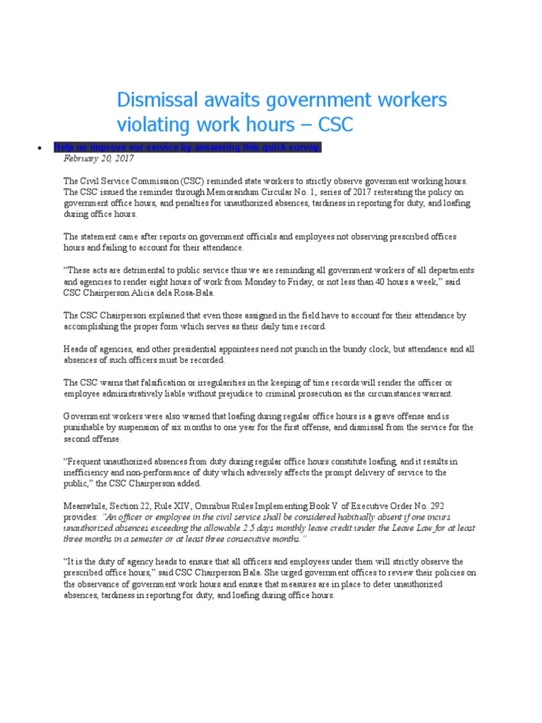 Dismissal Awaits Government Workers Violating Work Hours | PDF | Civil ...