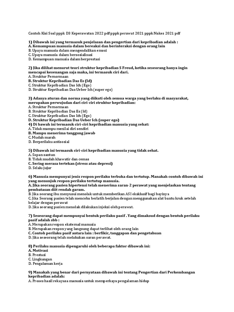 Contoh Kisi Soal PPPK D3 Keperawatan 2022 PDF PPPK Perawat 2021 PPPK Nakes 2021 PDF | PDF