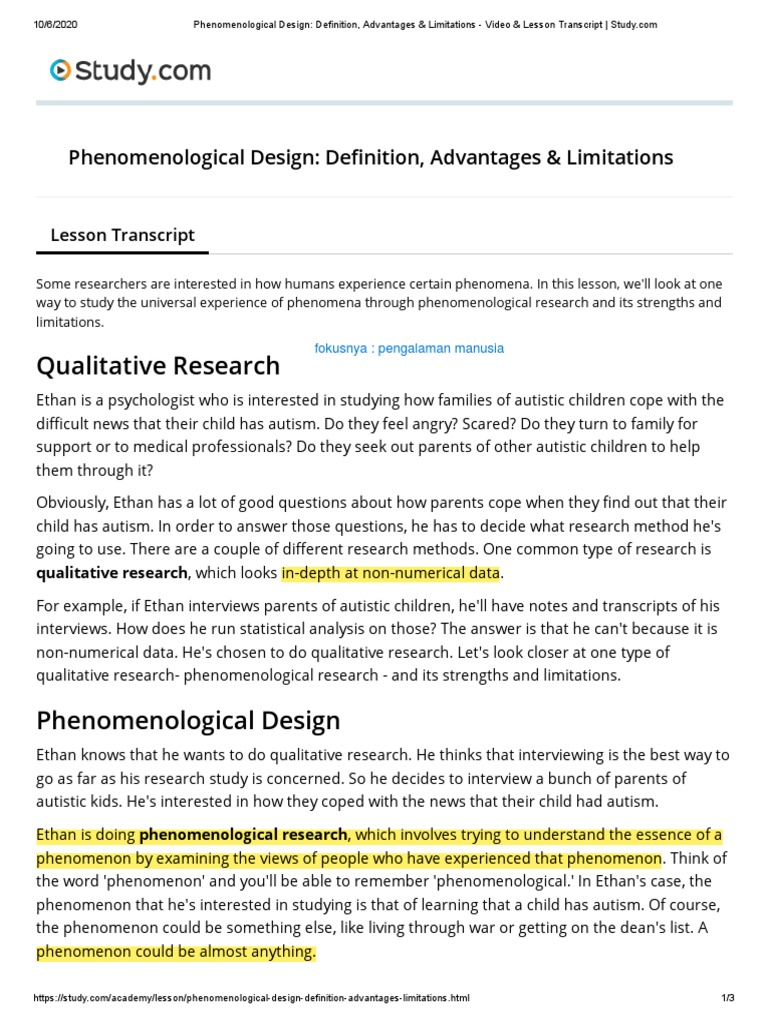 Phenomenological Design - Definition, Advantages & Limitations - Video & Lesson Transcript | PDF ...