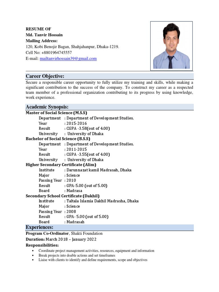DU 4 Year DSS CV of Tanvir Hossain | PDF | Master Of Science