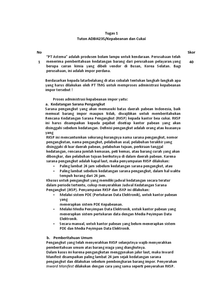Kepabeanan Dan Cukai Tugas I | PDF | Pengelolaan Keuangan & Uang