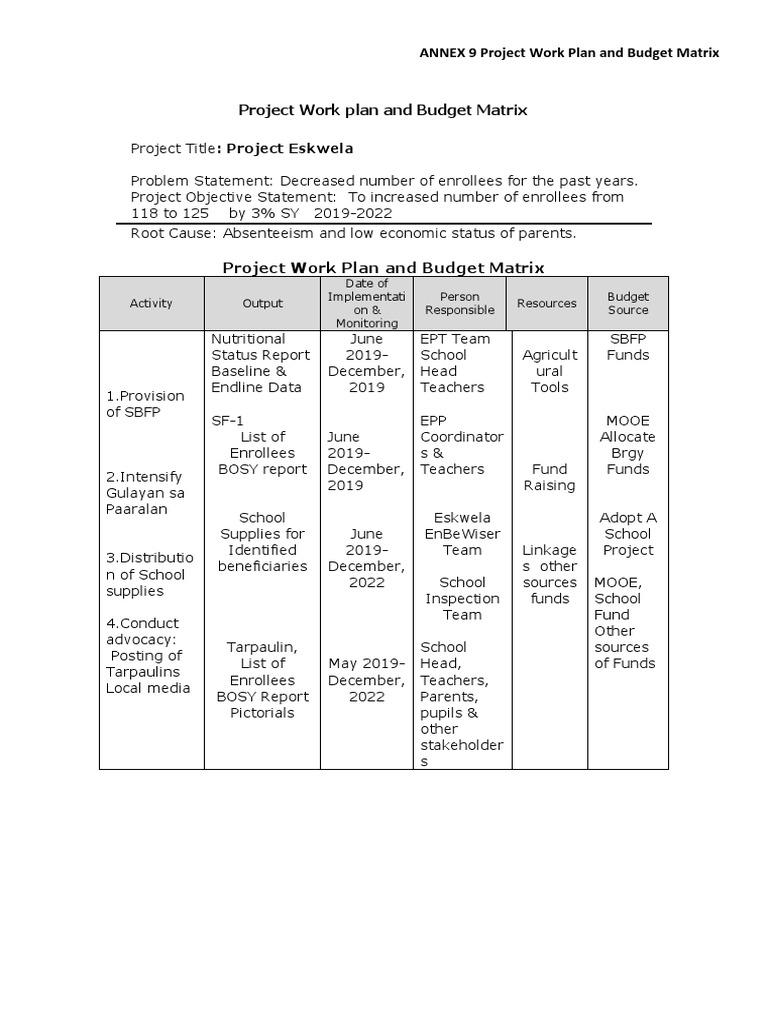 SIP Annex 9 - Project Work Plan and Budget Matrix | PDF