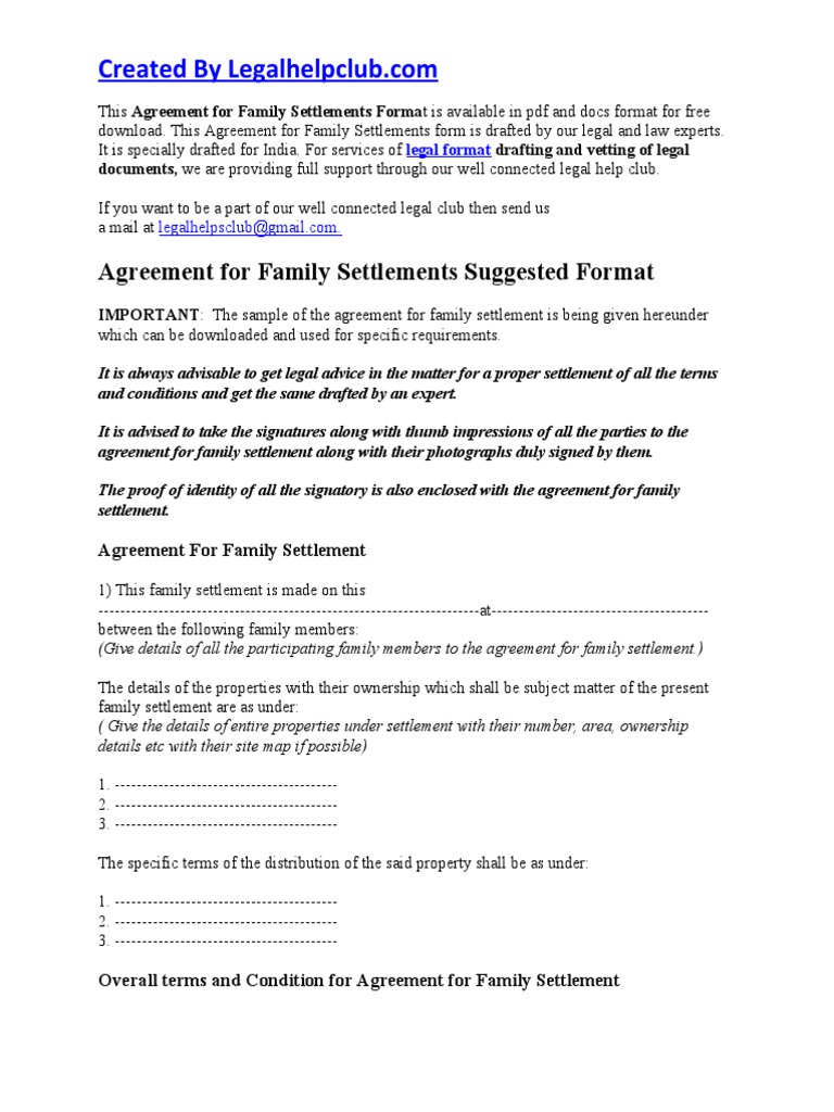 Agreement For Family Settlement | PDF | Legal Liability | Civil Law ...