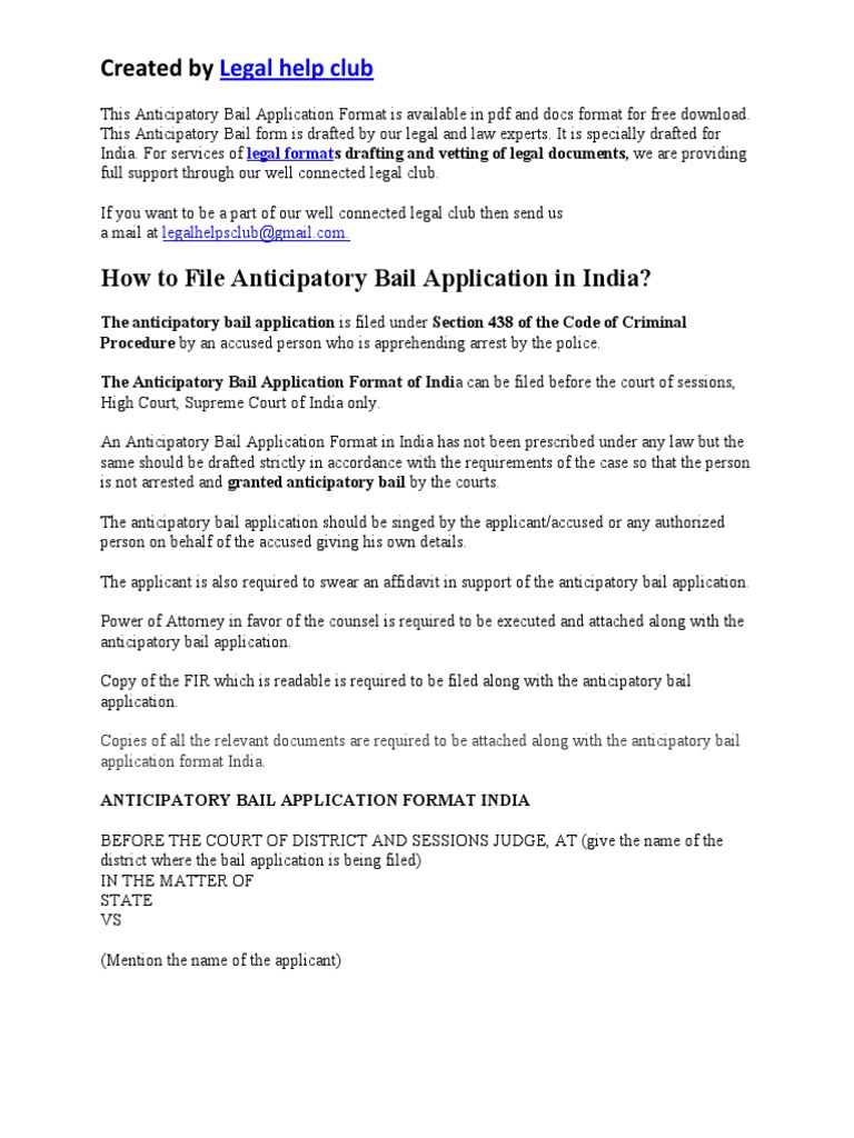 Anticipatery Bail Application Format | PDF | Bail | Government Institutions